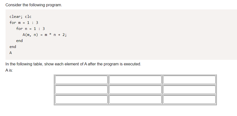 Solved Consider the following program. clear; clc for m=1:3 | Chegg.com