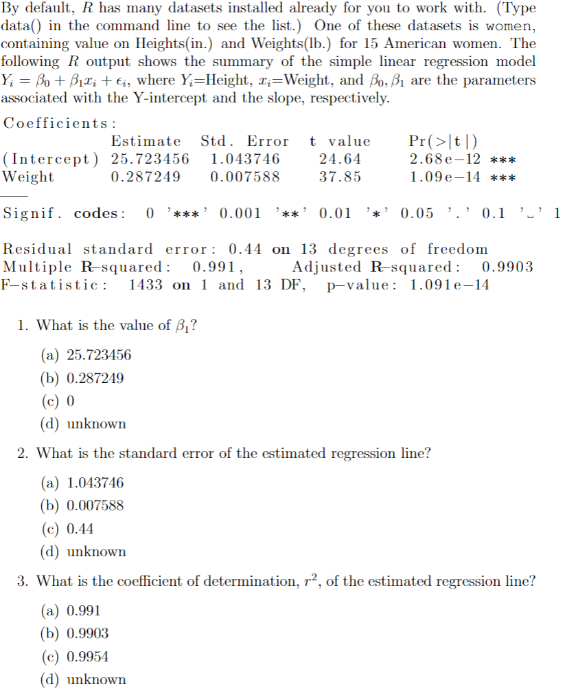 Solved By default, R has many datasets installed already for | Chegg.com