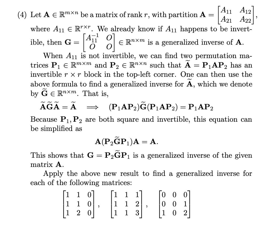 Solved 4) Let A∈Rm×n be a matrix of rank r, with partition | Chegg.com
