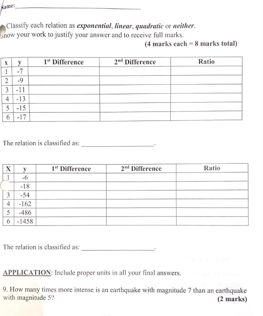 Solved Name: Classify each relation as exponential, linear, | Chegg.com