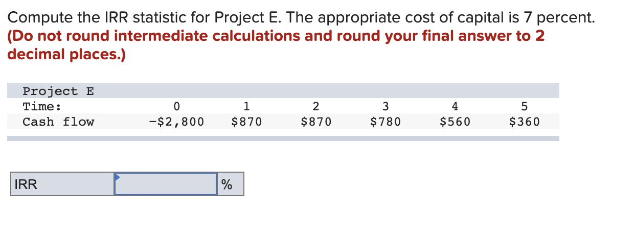 Solved Compute the IRR statistic for Project E. The | Chegg.com