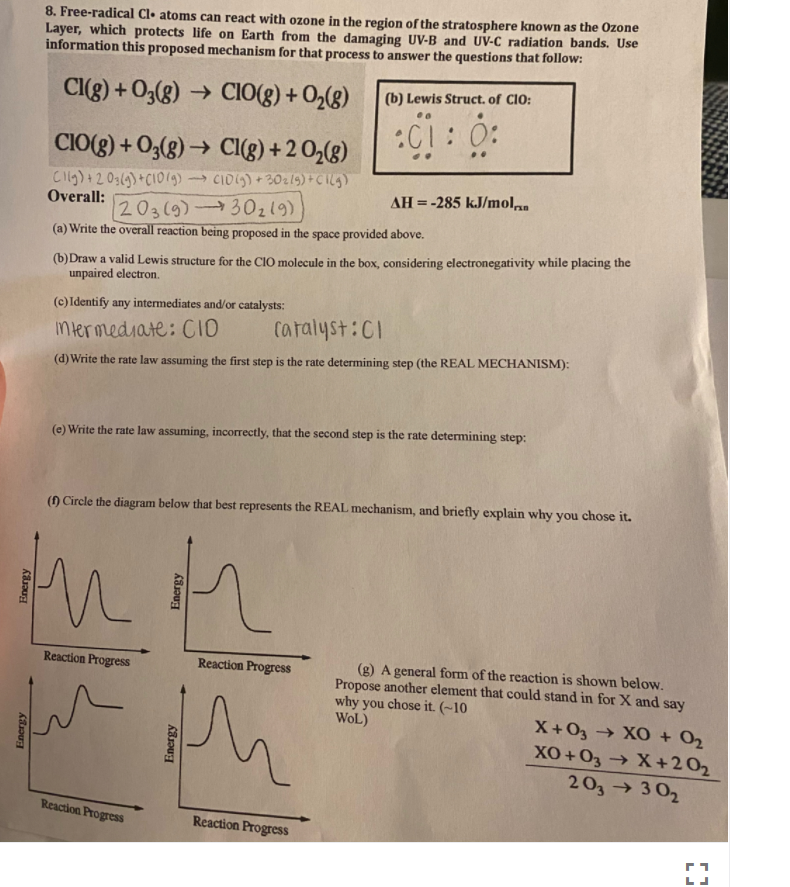 Solved 8. Free-radical Cl• atoms can react with ozone in the | Chegg.com