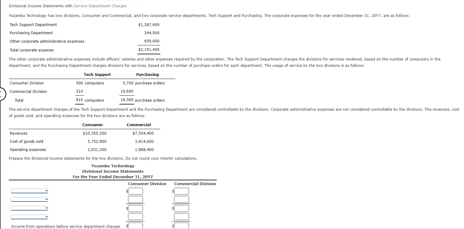 Solved Divisional Income Statements with Service Department | Chegg.com