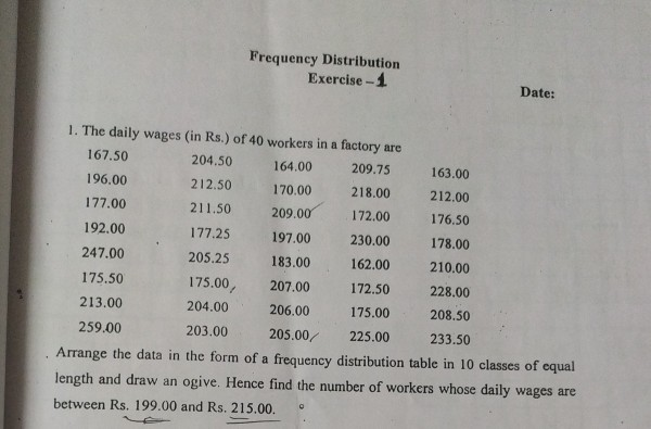 Solved Frequency Distribution Exercise- 1 Date: 1. The daily | Chegg.com