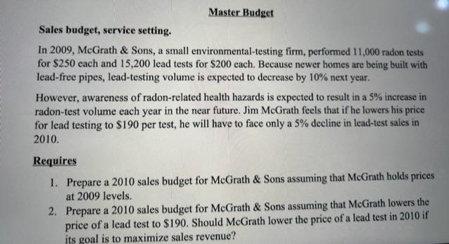 Solved Sales budget, service setting. In 2009, McGrath \& | Chegg.com