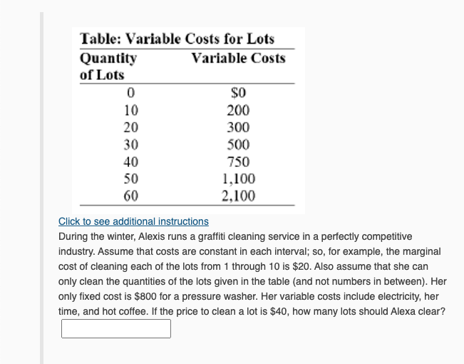 Solved Table: Variable Costs for Lots Quantity Variable | Chegg.com