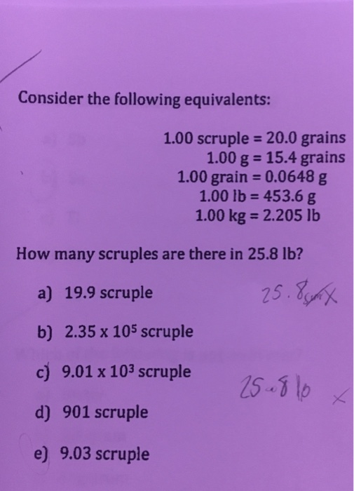 Solved Consider the following equivalents: 1.00 scruple-20.0 | Chegg.com
