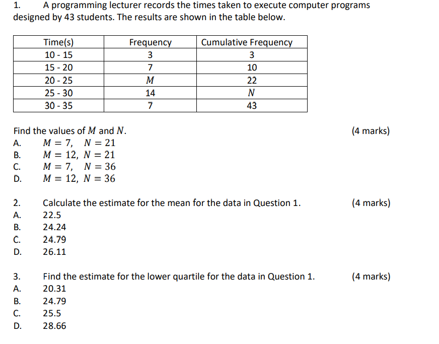 Solved 1. A programming lecturer records the times taken to | Chegg.com