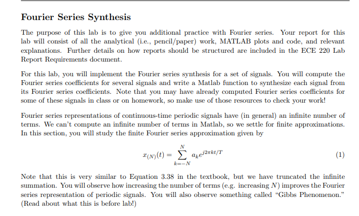 Solved Fourier Series Synthesis The Purpose Of This Lab Is