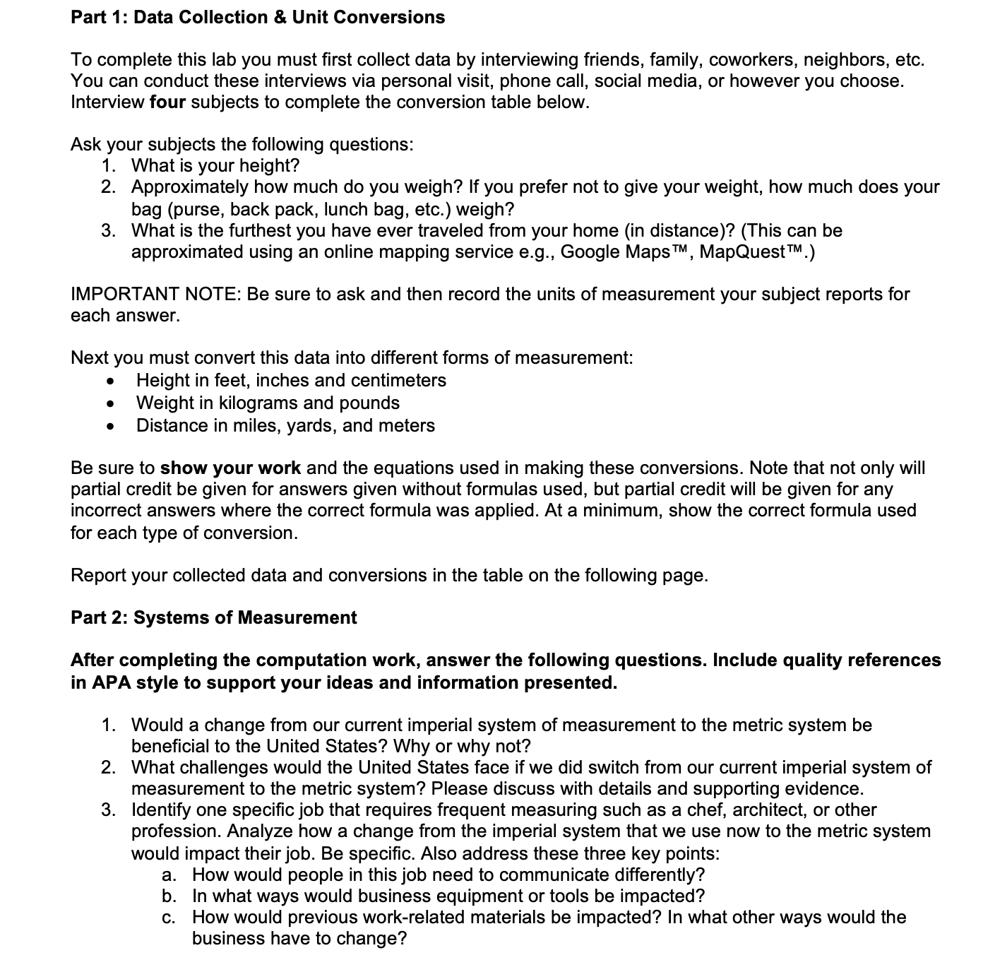 Part 1: Data Collection \& Unit Conversions To | Chegg.com
