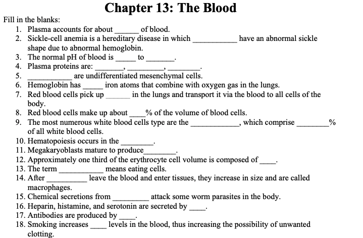 Solved Chapter 13: The Blood Fill in the blanks: 1. Plasma | Chegg.com