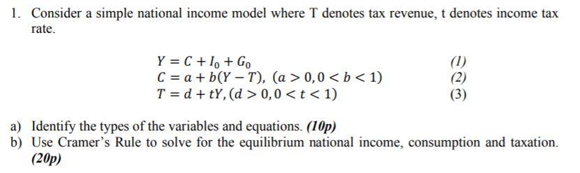 Solved 1. Consider a simple national income model where T | Chegg.com