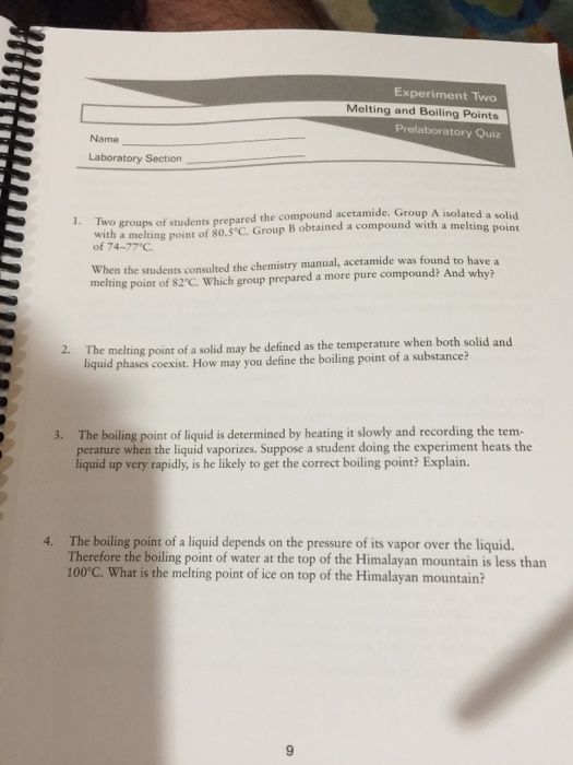 (Solved Homework): Experiment Two Melting and Boiling Points ... (Solved Homework): Experiment Two Melting and Boiling Points ...