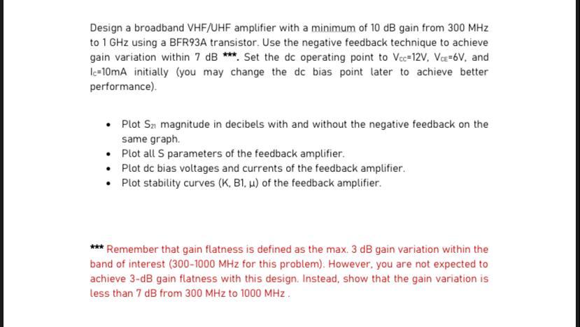 Solved Design a broadband VHF/UHF amplifier with a minimum | Chegg.com