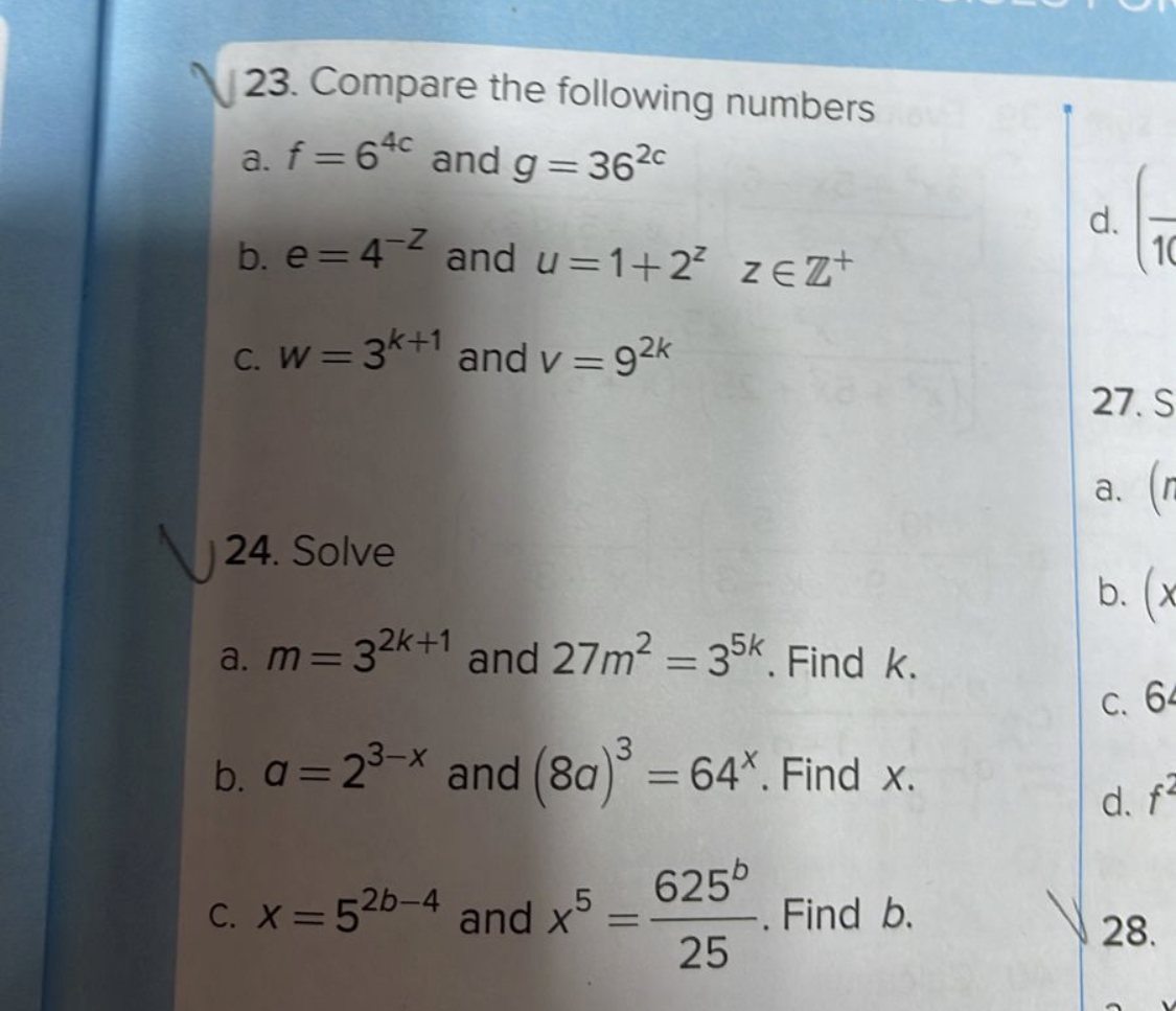 Solved 23. Compare the following numbers a. f=64c and g=362c | Chegg.com