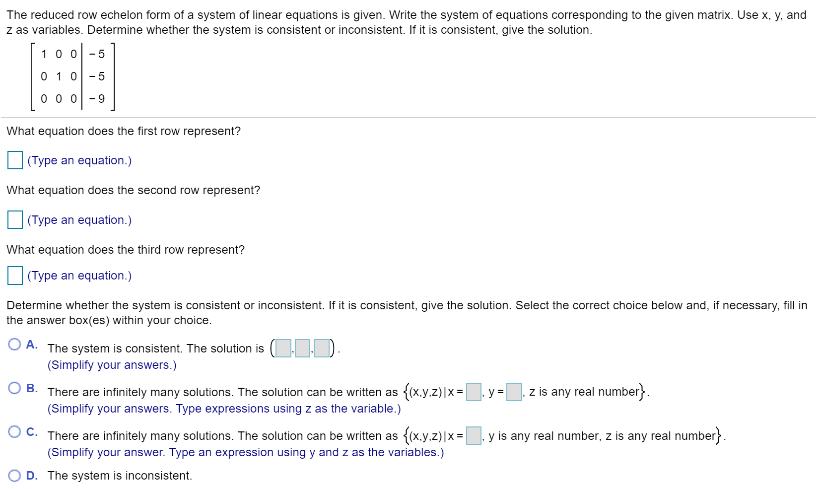 Solved The reduced row echelon form of a system of linear | Chegg.com