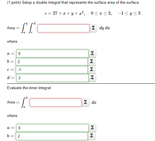 Solved (1 point) Setup a double integral that represents the | Chegg.com