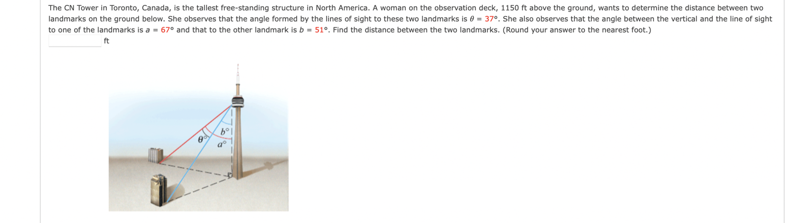 Solved to one of the landmarks is a=67∘ and that to the | Chegg.com