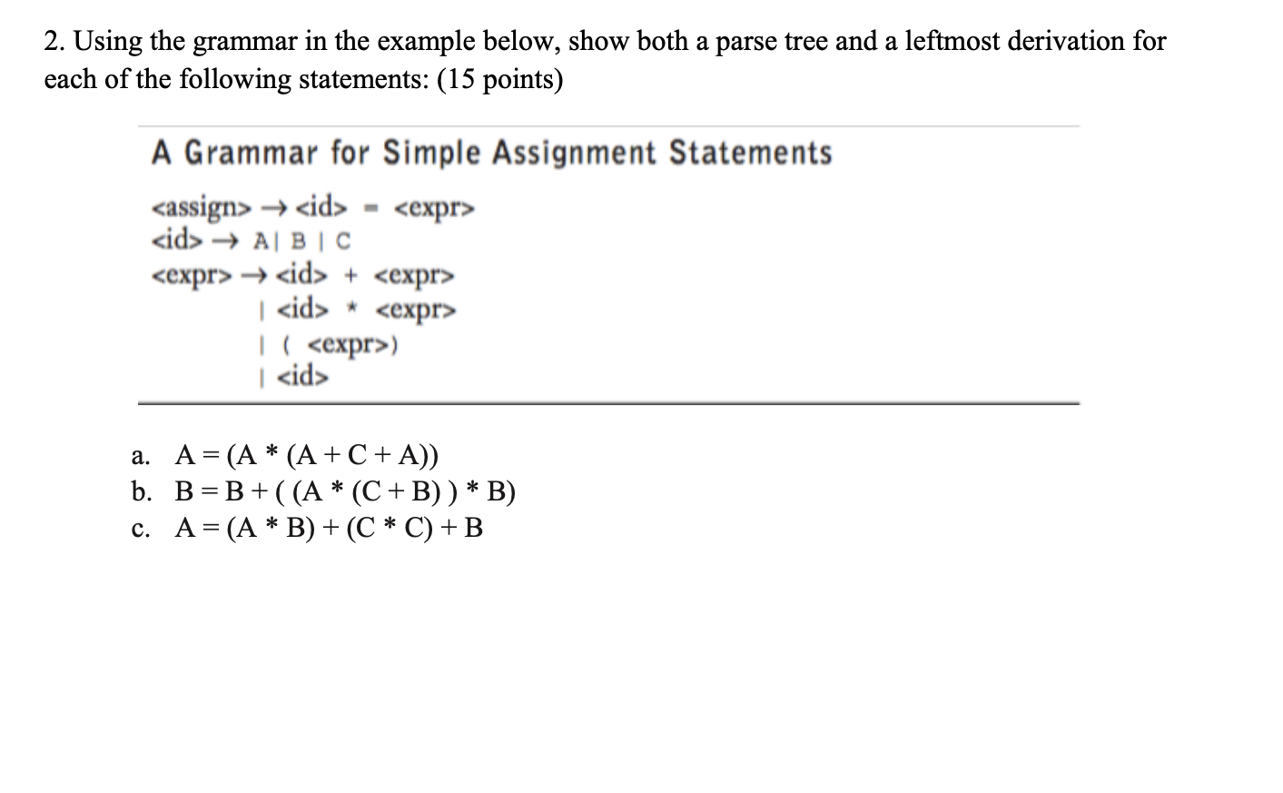 Solved 2. Using the grammar in the example below, show both | Chegg.com