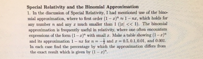 Solved Special Relativity and the Binomial Approximation 1. | Chegg.com