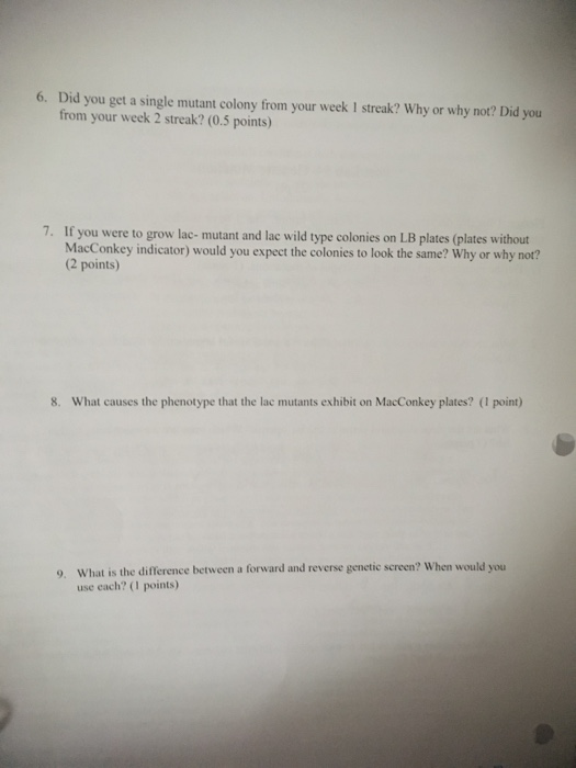 Solved 6. Did you get a single mutant colony from your week | Chegg.com
