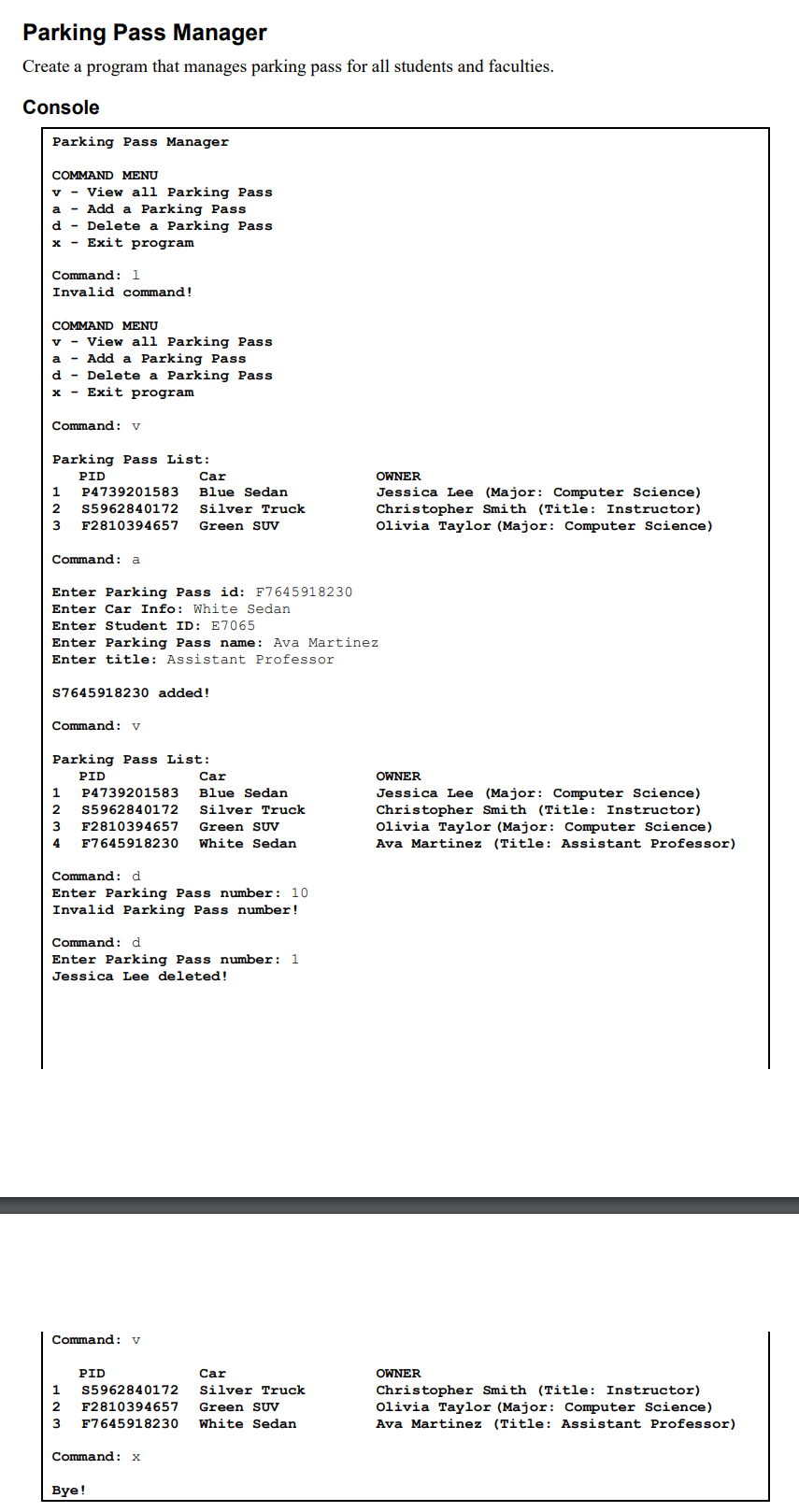 Solved Parking Pass Manager Create a program that manages | Chegg.com