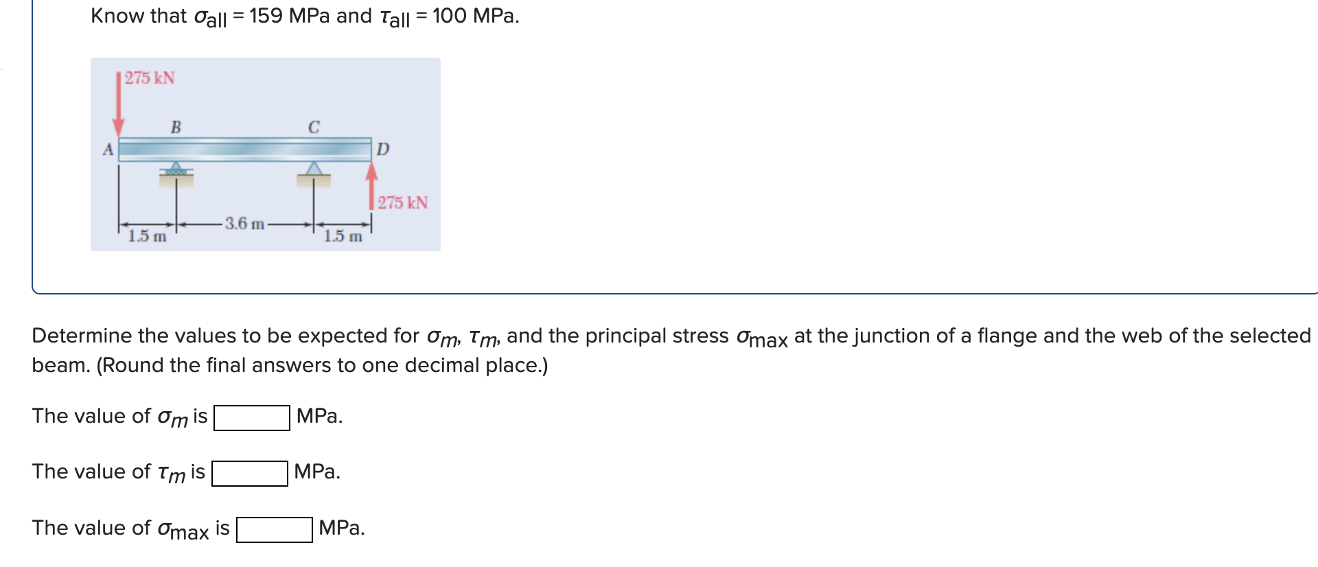 Solved Know that all = 159 MPa and Tall = 100 MPa. 275 kN B | Chegg.com