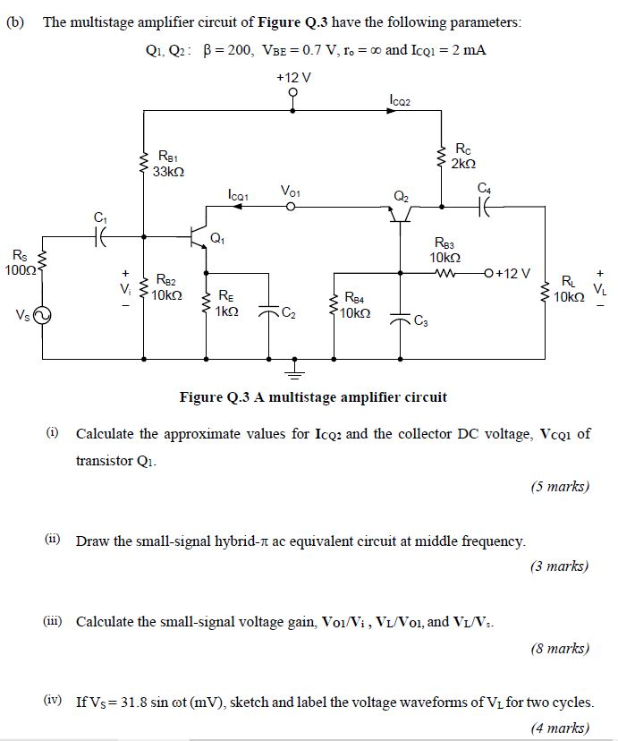 Solved (b) The multistage amplifier circuit of Figure Q.3 | Chegg.com