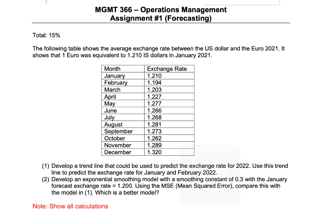 Solved MGMT 366 - Operations Management Assignment #1 | Chegg.com