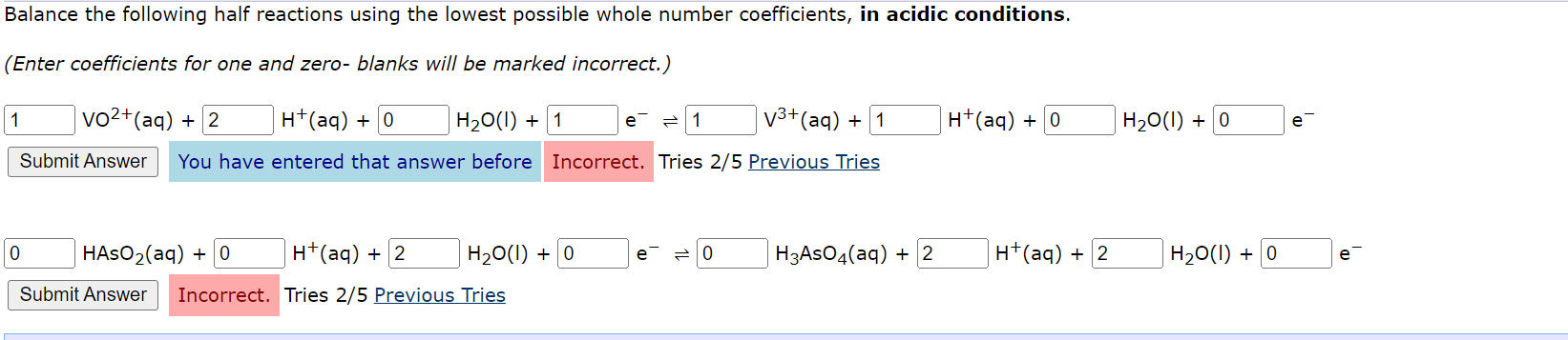 Solved VO2+(aq)+2H+(aq)+0H2O(l)+[e−⇌1 | Chegg.com