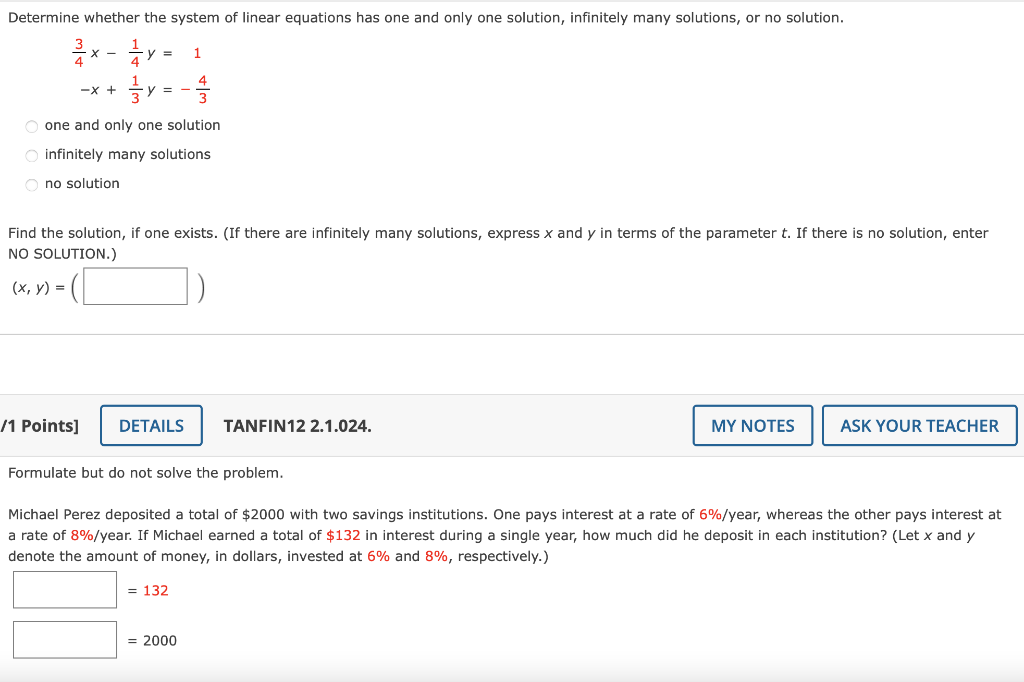 Solved Determine whether the system of linear equations has | Chegg.com
