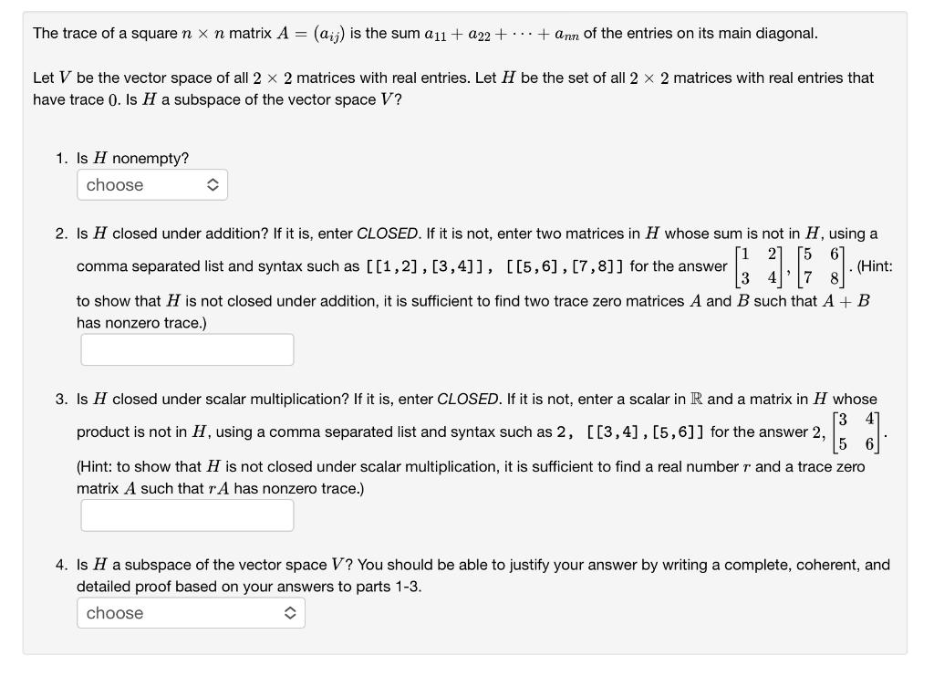 Solved The trace of a square n x n matrix A = (aij) is the | Chegg.com