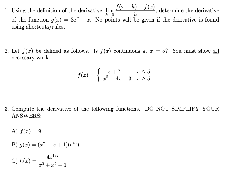 Solved 1. Using the definition of the derivative, lim | Chegg.com