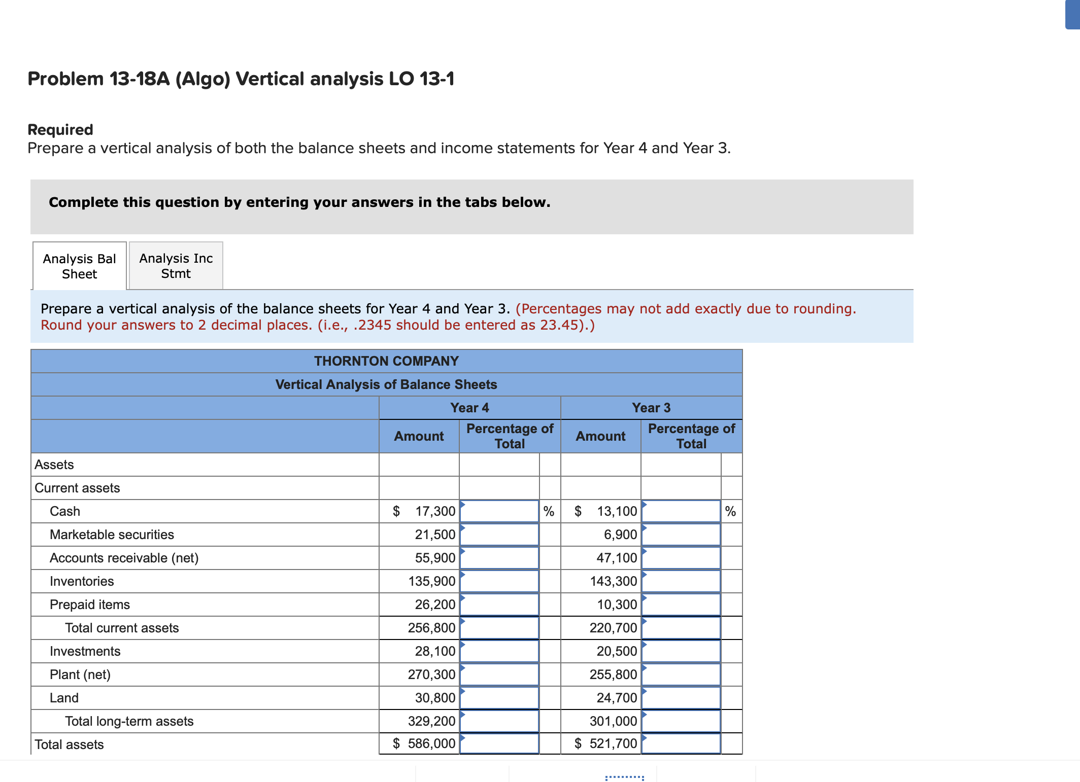Solved Problem 13-18A (Algo) Vertical analysis LO | Chegg.com