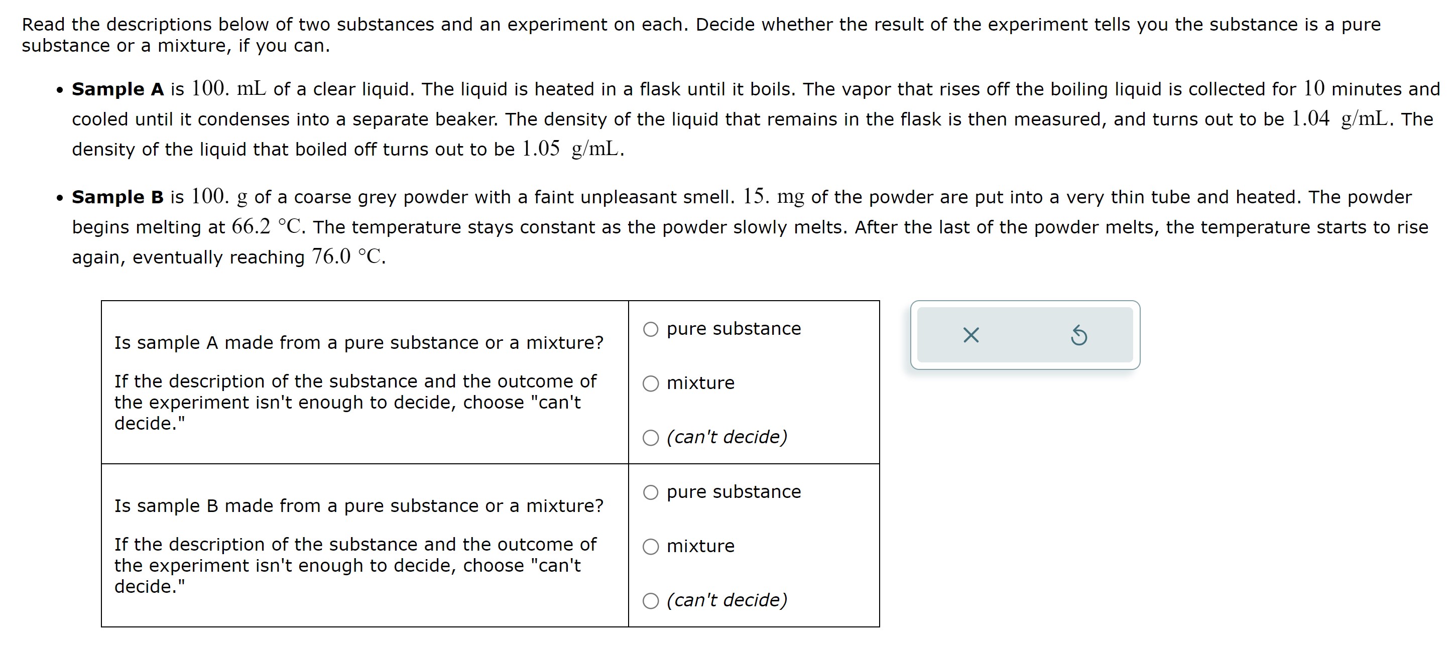 Solved ead the descriptions below of two substances and an | Chegg.com