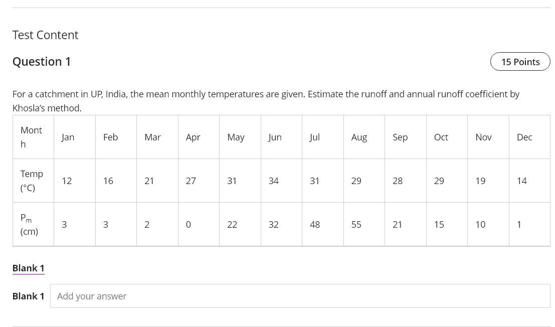 Solved Test Content 15 Points Question 1 For a catchment in | Chegg.com