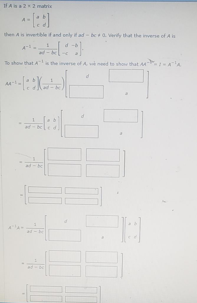 Solved If A is a 2×2 matrix A=[acbd] then A is invertible if | Chegg.com