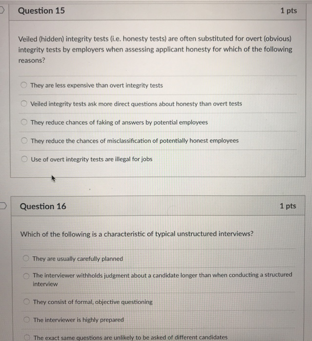 Solved Question 15 1 pts Veiled (hidden) integrity tests | Chegg.com