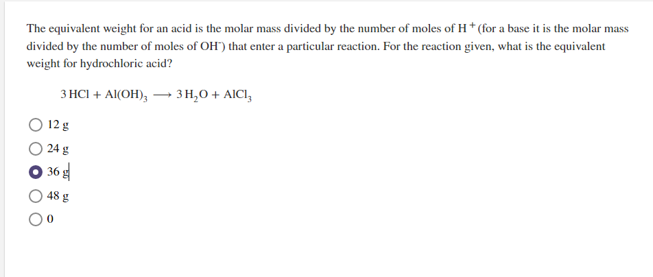 Solved The equivalent weight for an acid is the molar mass | Chegg.com