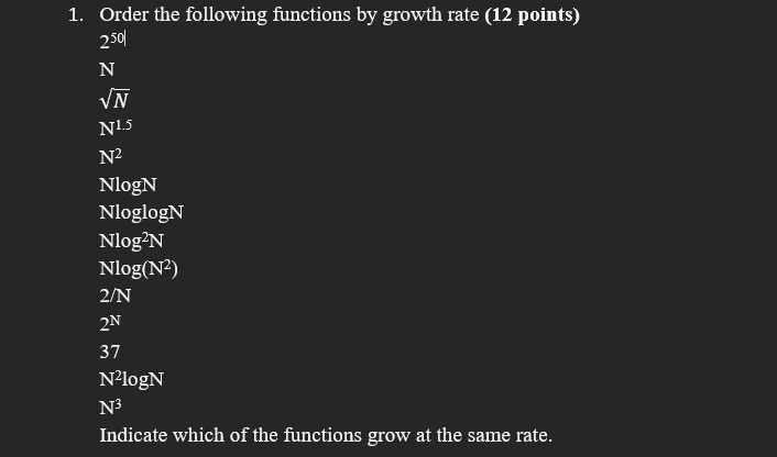 Solved 1. Order the following functions by growth rate (12 | Chegg.com
