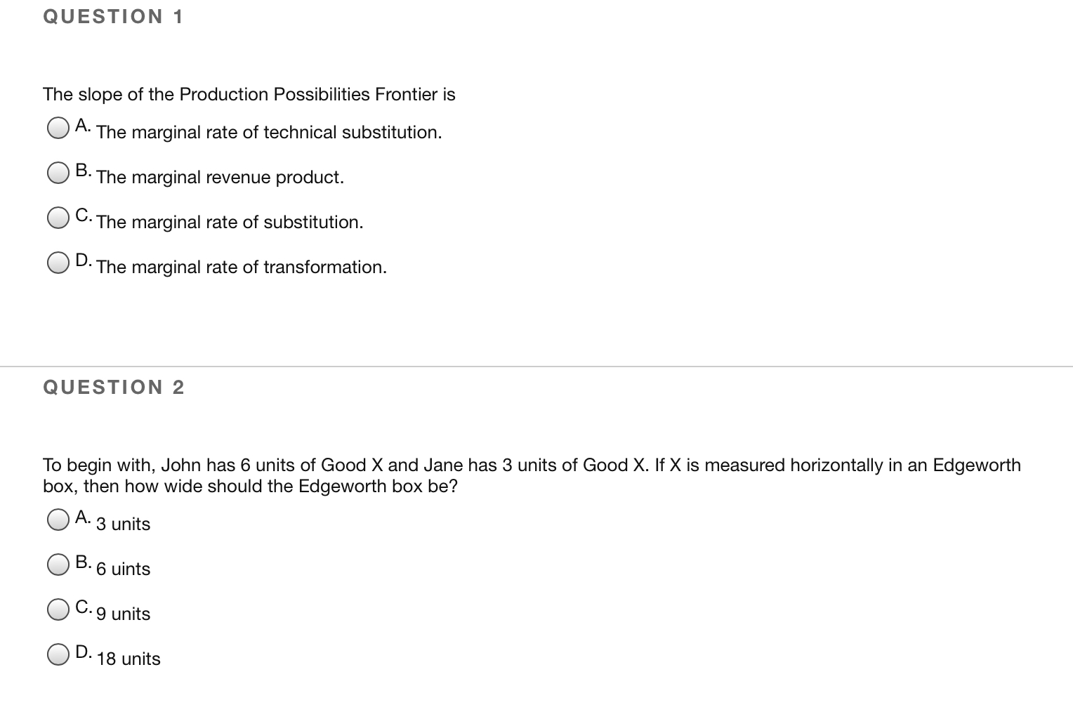 QUESTION 1 The slope of the Production Possibilities | Chegg.com