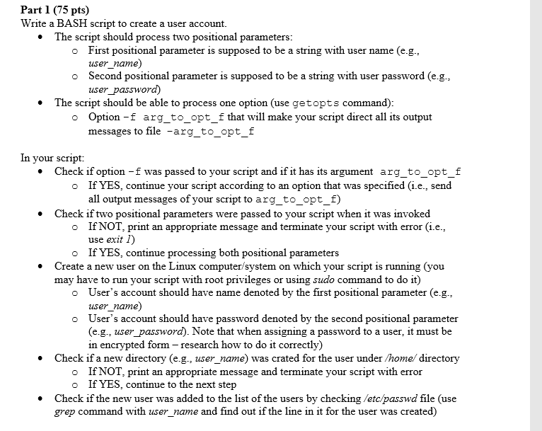 Solved Part 1 (75 pts) Write a BASH script to create a user | Chegg.com
