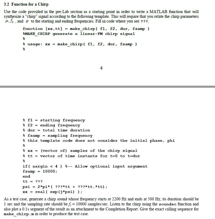 Solved 3.2 Function for a Chirp Use the code provided in the | Chegg.com