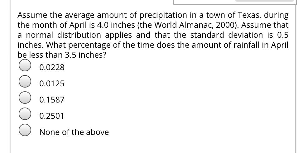 Solved Assume the average amount of precipitation in a town | Chegg.com