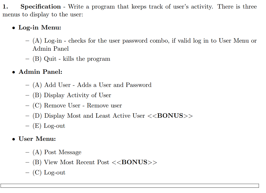 Solved 1. Specification - Write a program that keeps track | Chegg.com