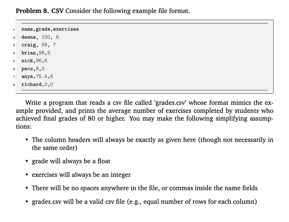 Solved Problem 8. CSV Consider the following example file | Chegg.com