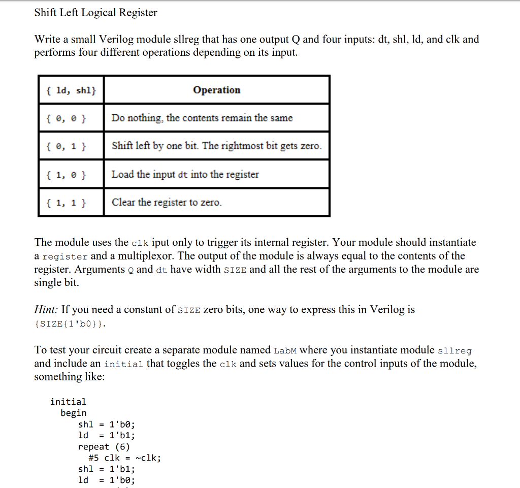Shift Left Logical Register Write a small Verilog | Chegg.com