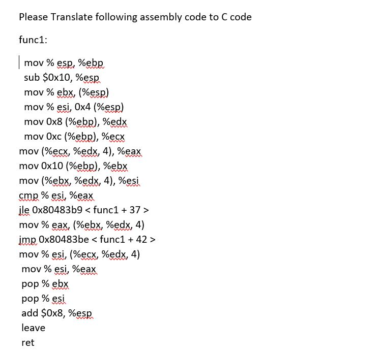 Please Translate following assembly code to C code | Chegg.com