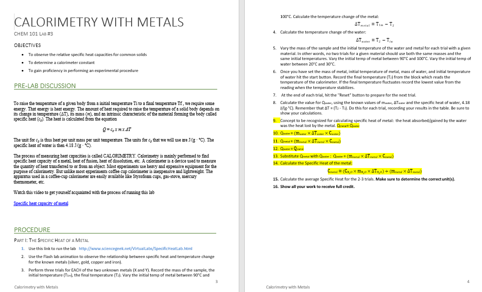 CALORIMETRY WITH METALS CHEM 101 LAB #3 OBJECTIVES • | Chegg.com