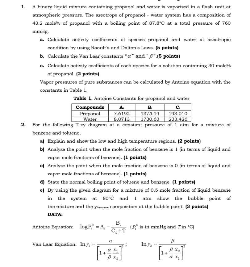 Figure 1. T-xy diagram of benzene and toluene at 1 | Chegg.com